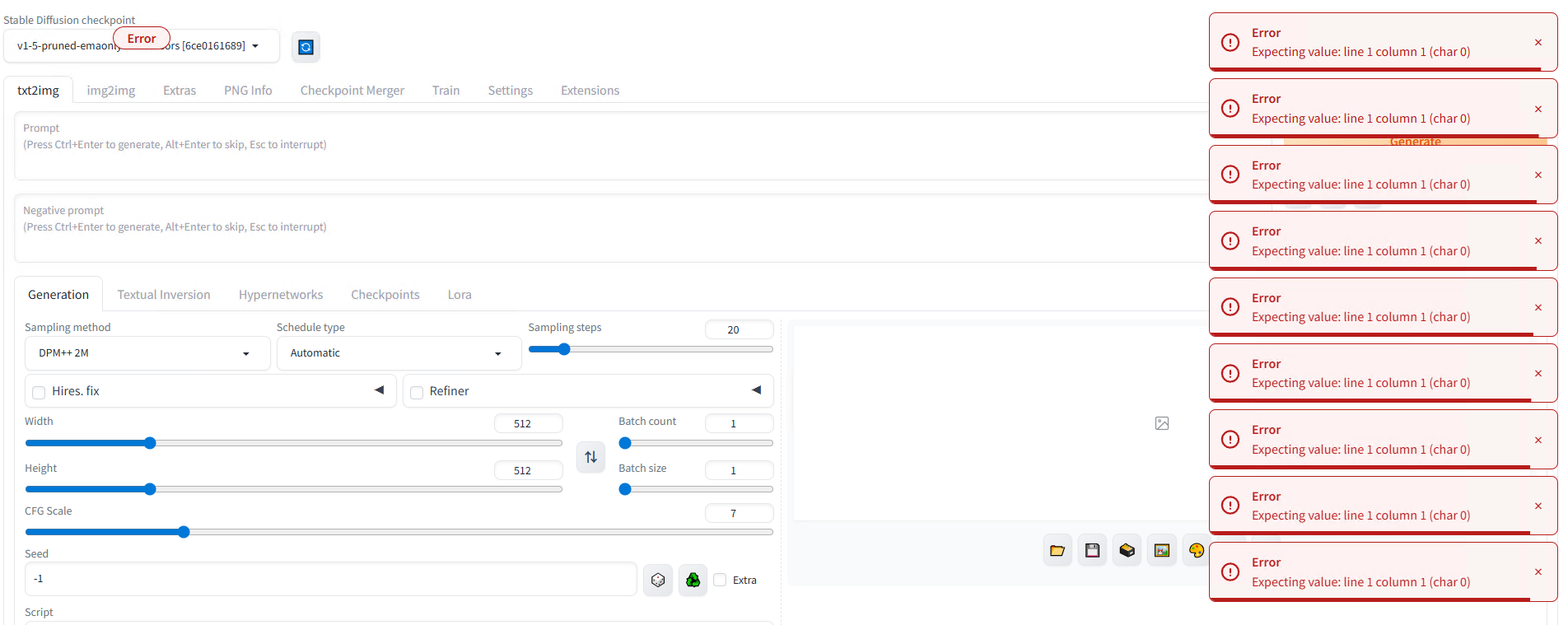 stable-diffusion报错：error expecting value: line 1 column 1 (char 0) - 柒拾二变